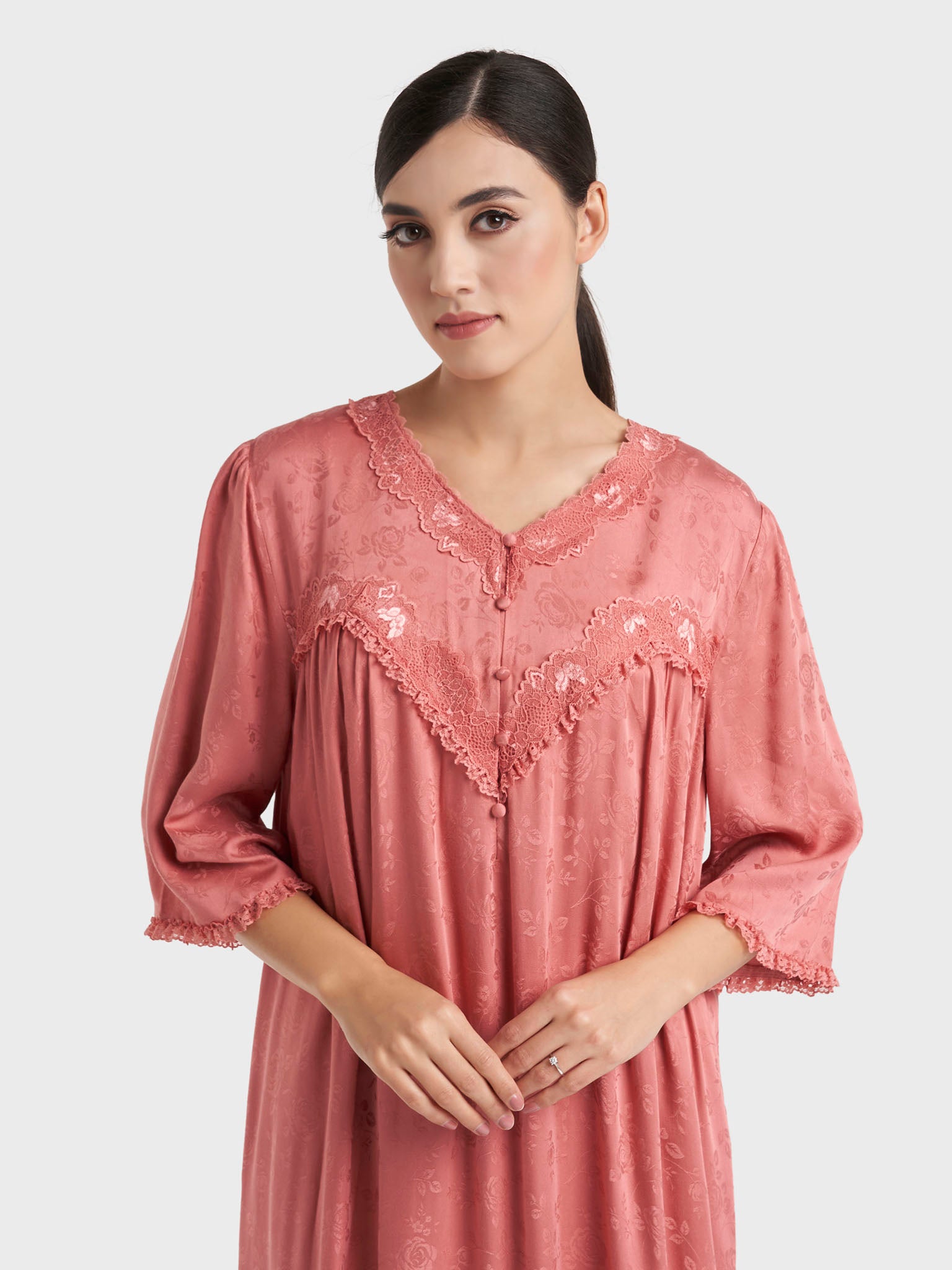 Clay Jacquard Floral Print Rayon Long Nightwear Dress (CNH487) – Kashkha