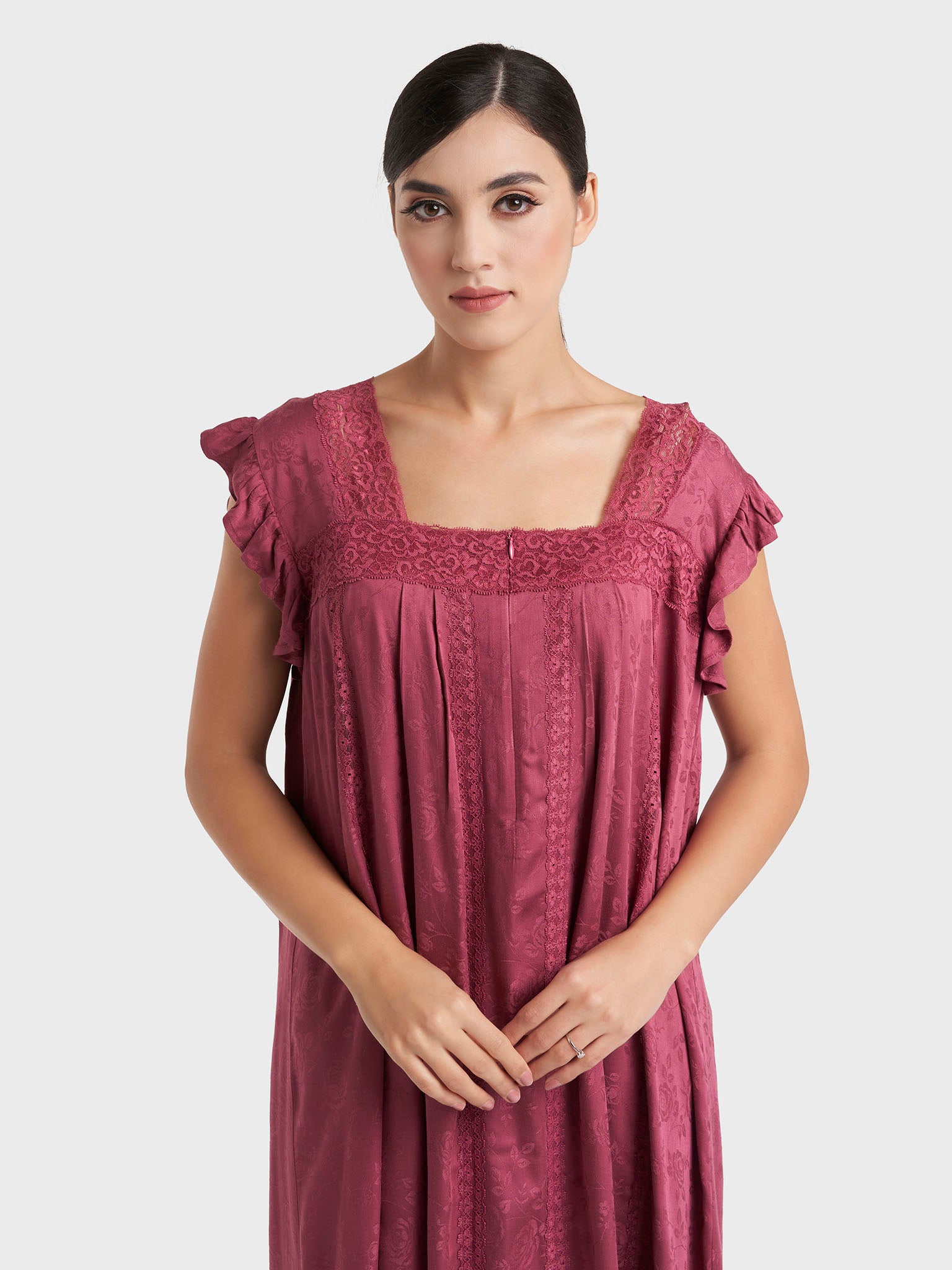 Maroon Jacquard Floral Print Rayon Long Nightwear Dress (CNH491) – Kashkha